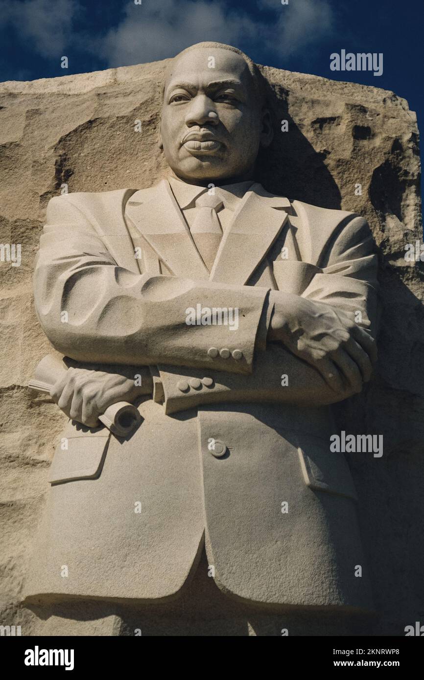 A vertical shot of the Martin Luther King Jr. memorial in West Potomac ...