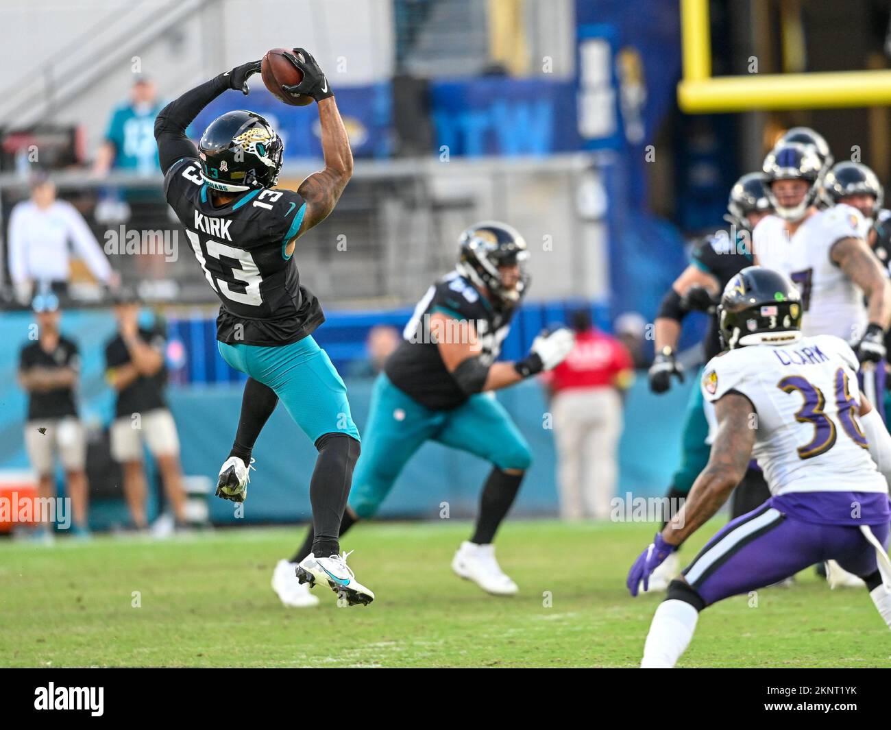 November 27, 2022: Jacksonville Jaguars wide receiver Christian Kirk (13) makes a catch during a ...