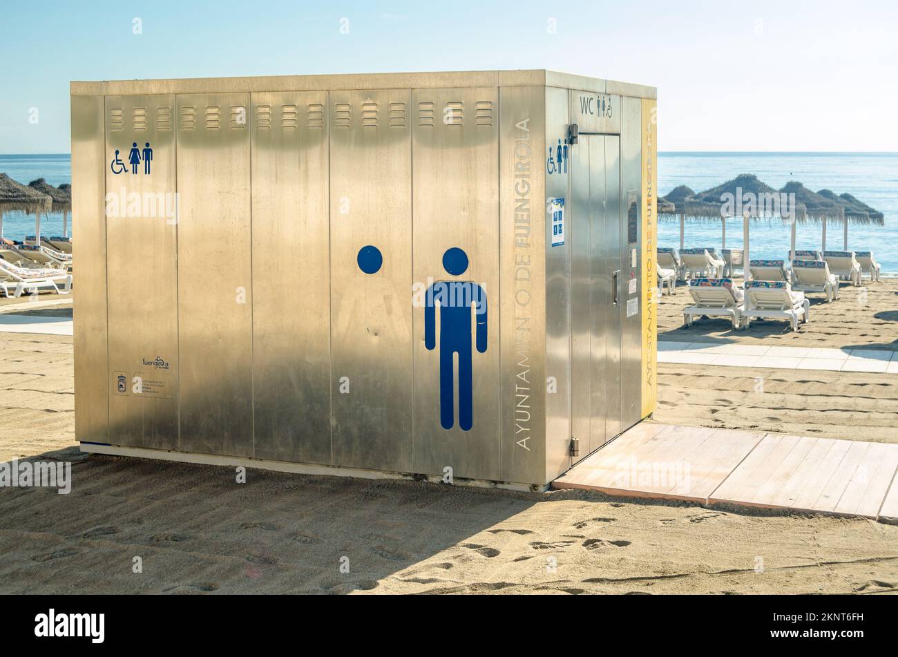 FUENGIROLA, SPAIN - OCTOBER 9, 2021: Toilets on the beach in Fuengirola ...