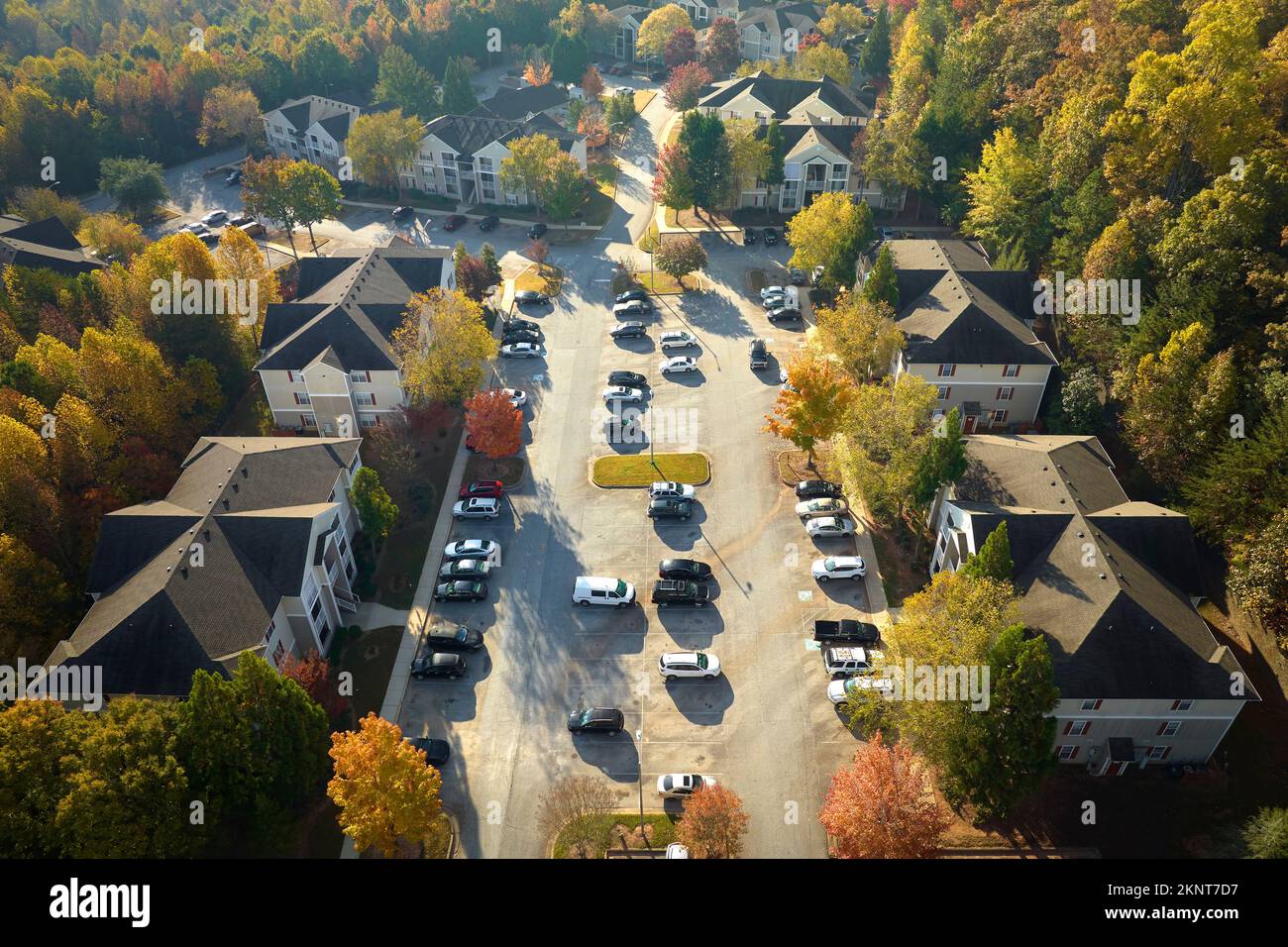 View from above of apartment residential condos between yellow fall ...