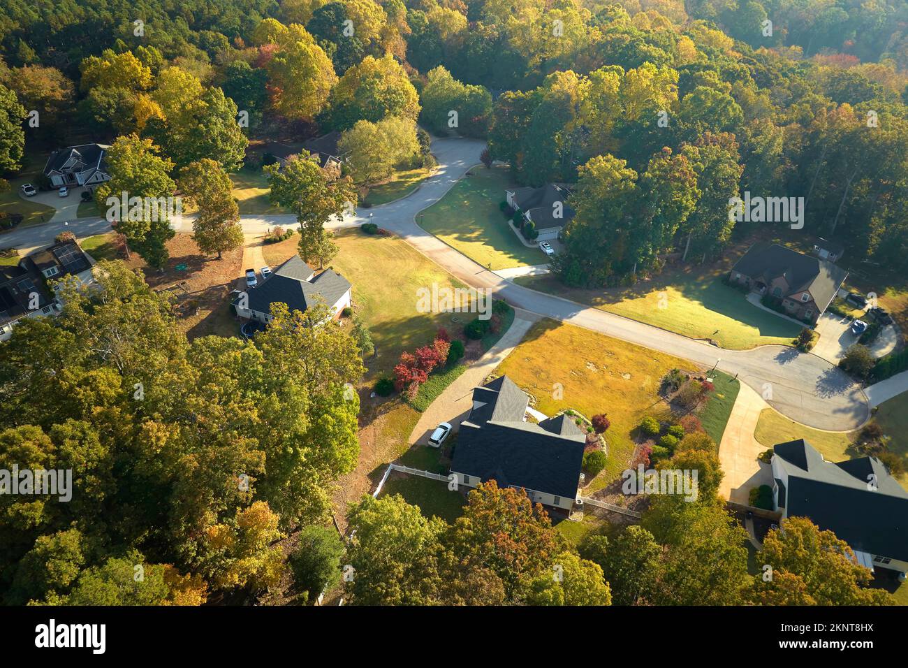 View from above of expensive residential houses between yellow fall ...