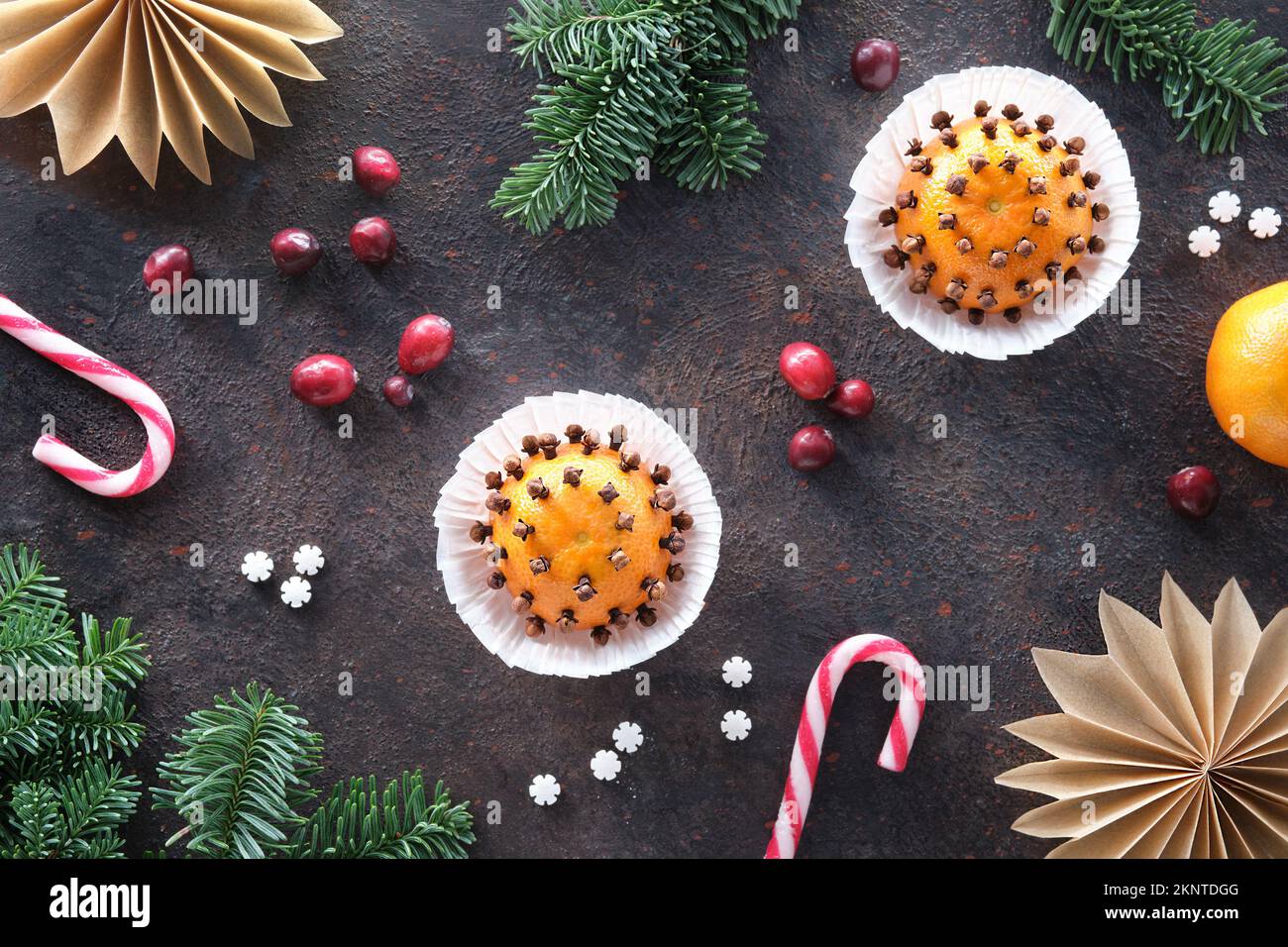 Wintertime dark background with fragrant pomander balls. Classical ...