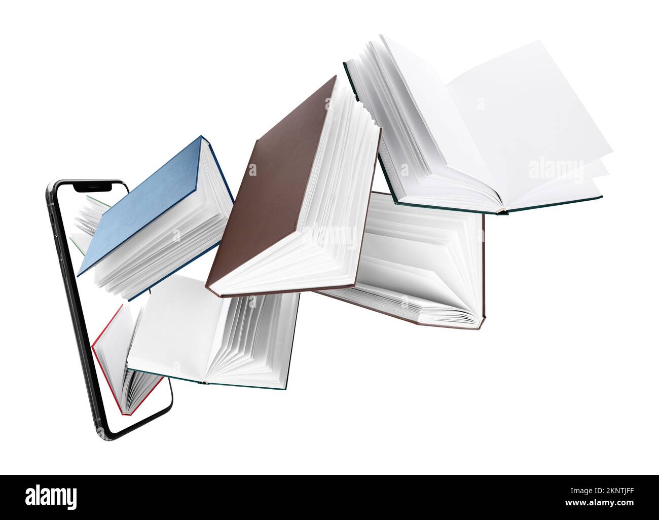 Smartphone and many flying books isolated on white Stock Photo - Alamy