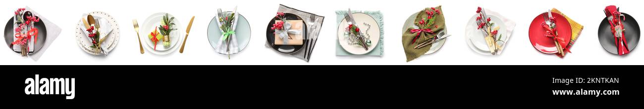 Collage with beautiful Christmas table setting on white background ...