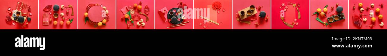 Collage of traditional Chinese symbols on red background. New Year ...