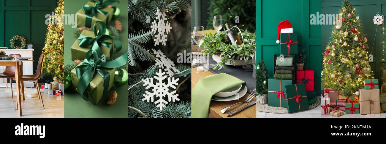 Festive collage with beautiful table setting, Christmas gifts, trees ...