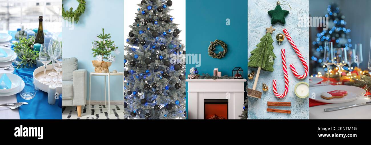 Festive collage with beautiful table settings, Christmas trees ...