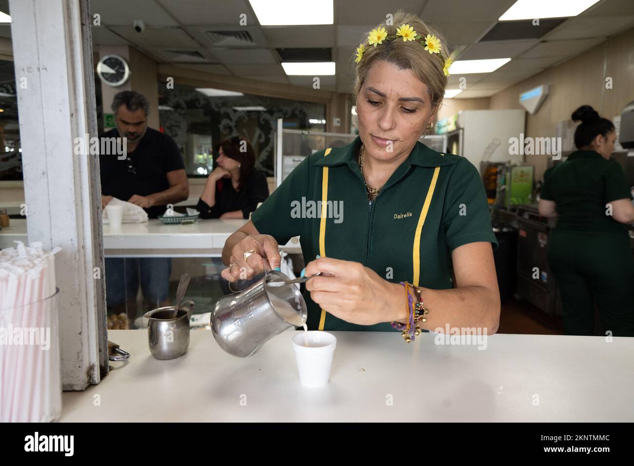 A server is making Cuban coffee at the restaurant. Felipe Valls Sr ...