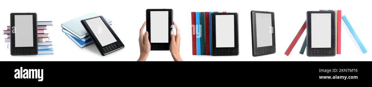 Set of books and e-readers on white background Stock Photo - Alamy