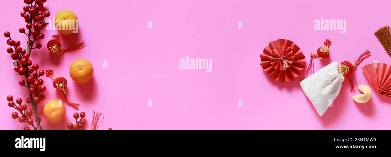 Chinese symbols on pink background with space for text. New Year banner ...