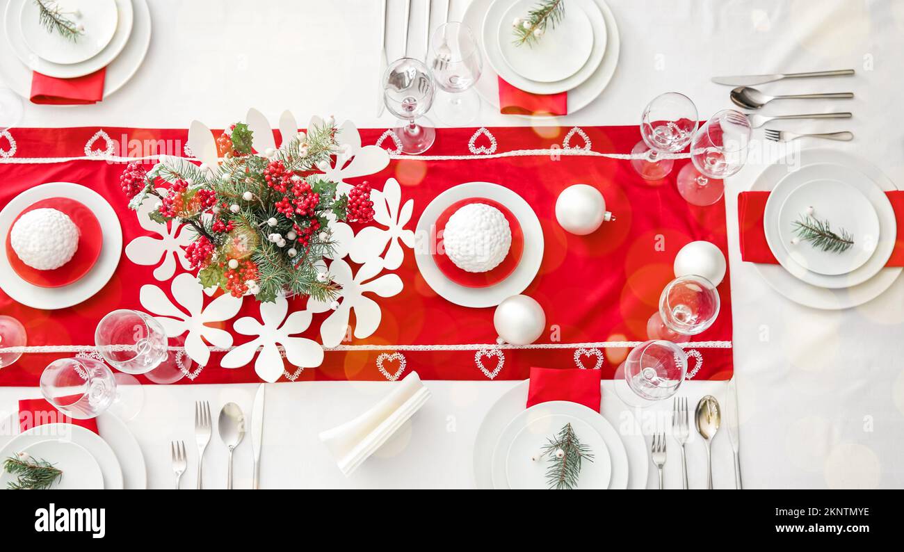 Stylish table setting for Christmas dinner, top view Stock Photo - Alamy