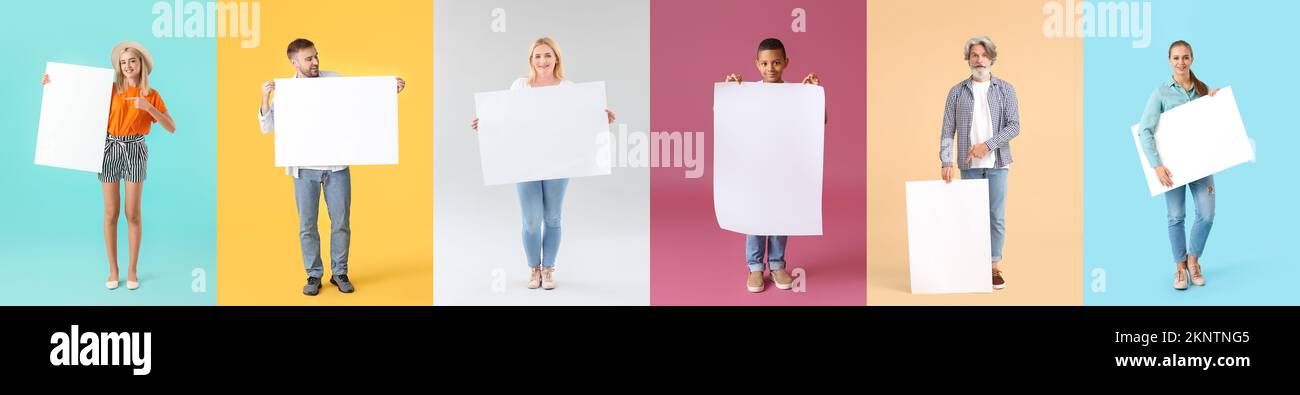 Set of people with blank posters on colorful background Stock Photo - Alamy