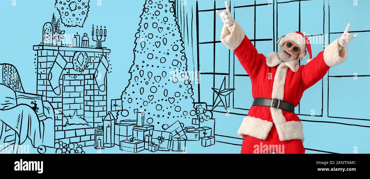Cool Santa Claus listening to music in drawn living room Stock Photo ...