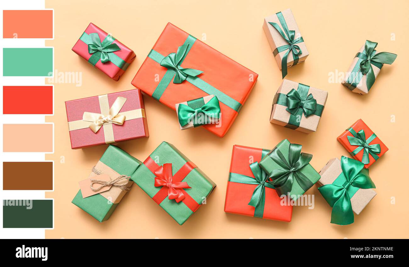 Beautiful gift boxes on beige background. Different color patterns ...