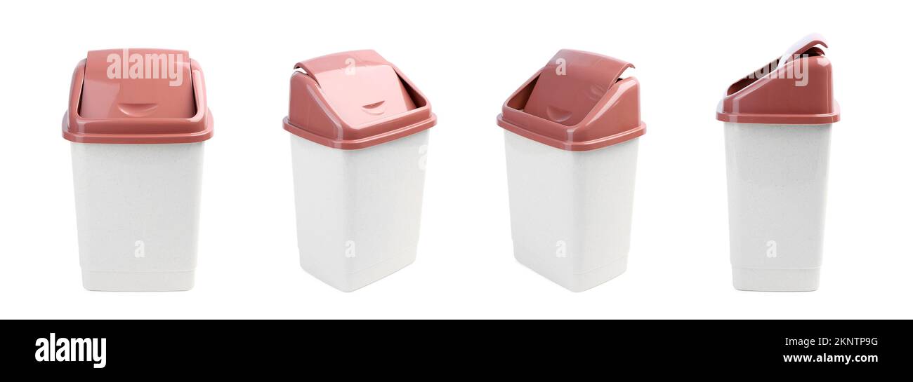 Collage of rubbish bin on white background Stock Photo - Alamy