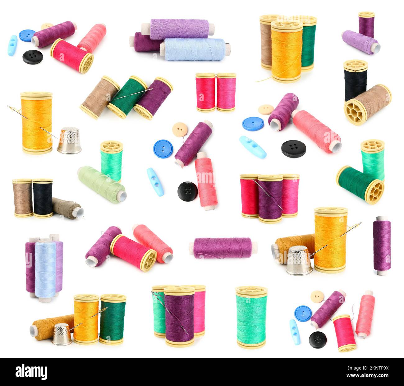 Collage of colorful thread spools on white background Stock Photo - Alamy
