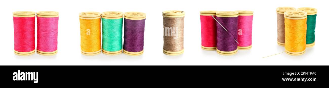 Set of colorful thread spools on white background Stock Photo - Alamy