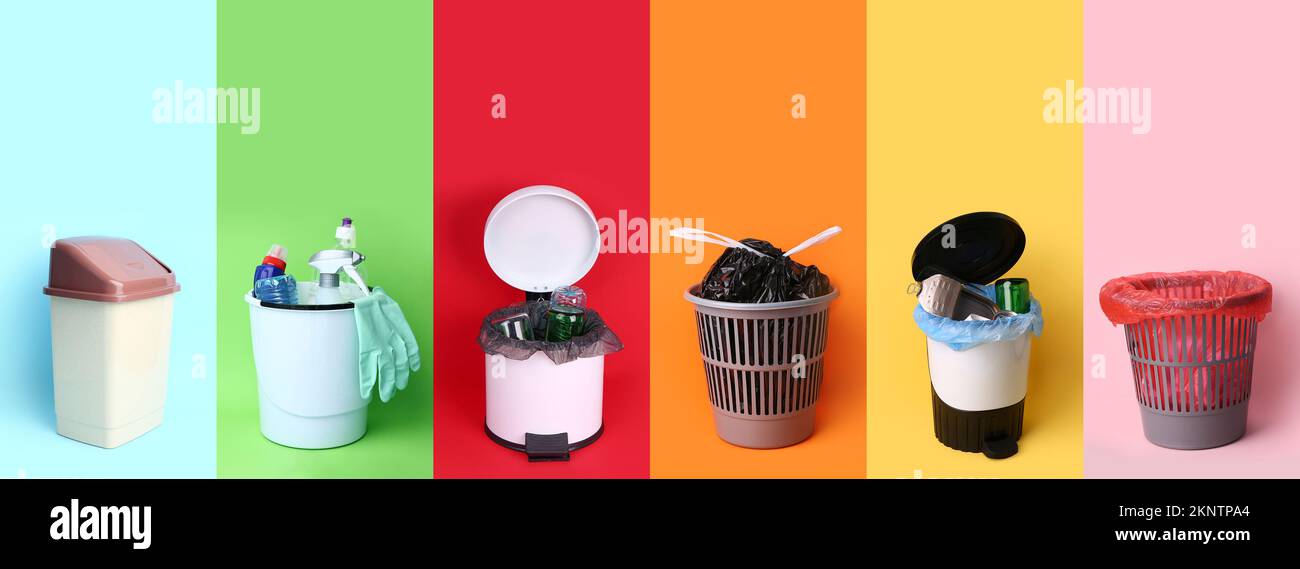 Set of rubbish bins with garbage on color background Stock Photo - Alamy