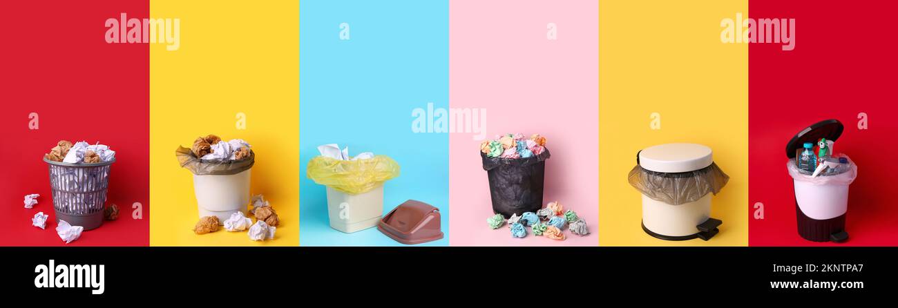 Collage of rubbish bins with garbage on color background Stock Photo ...