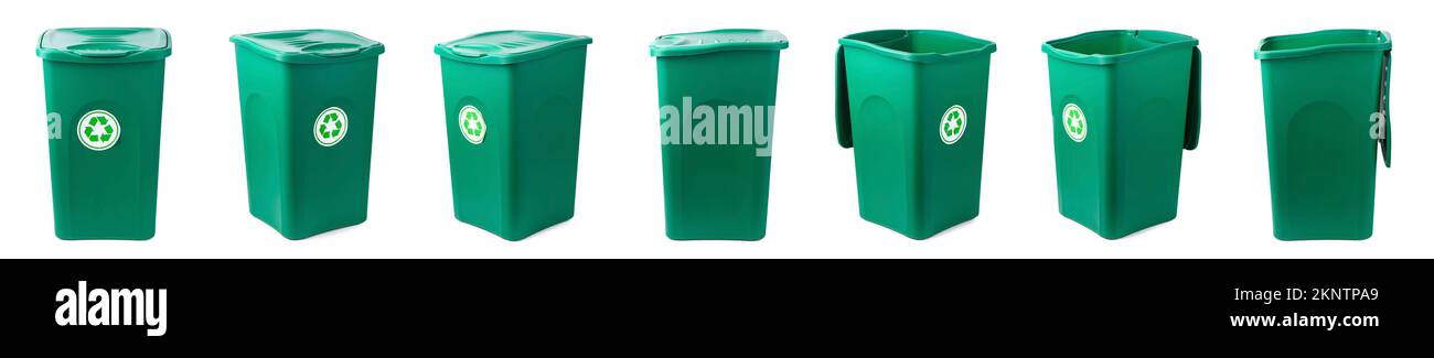 Collage of big rubbish bin on white background Stock Photo - Alamy