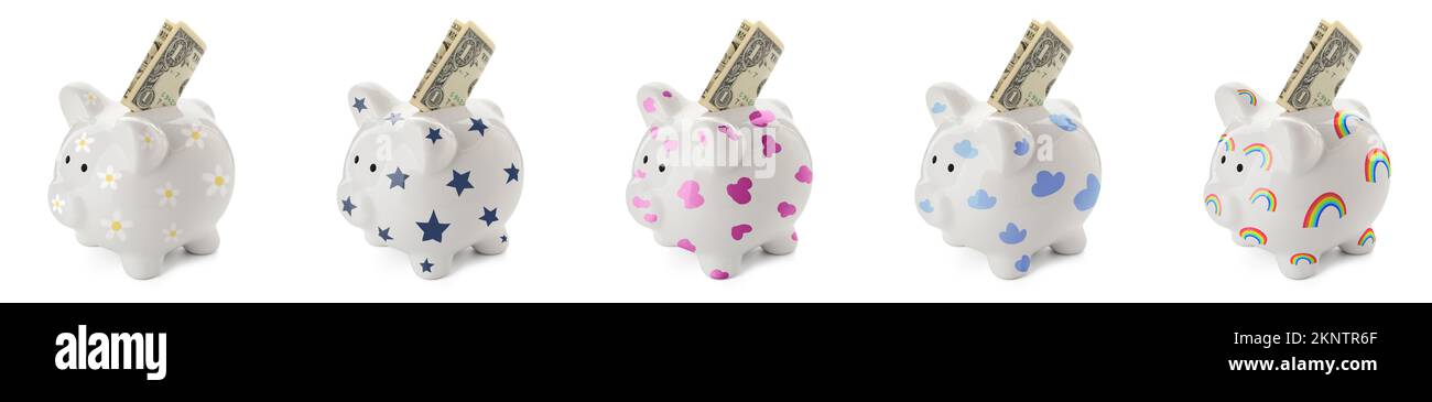 Collage of stylish piggy banks with dollar banknotes on white ...