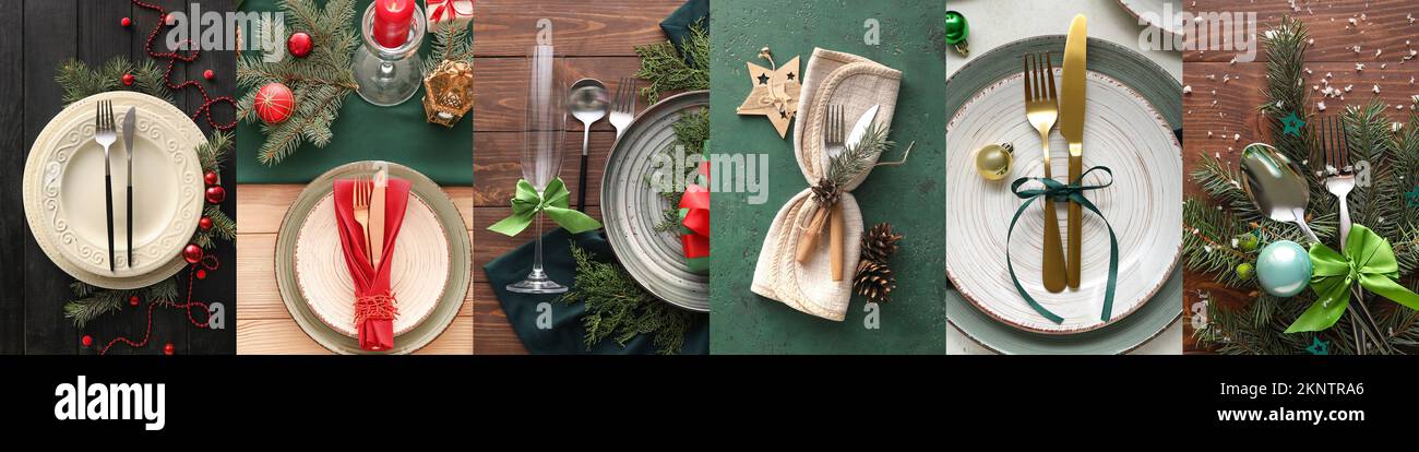 Collage with different Christmas table settings, flat lay Stock Photo ...