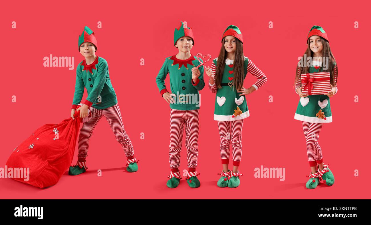 Collage of cute little children dressed as Christmas elves on red ...