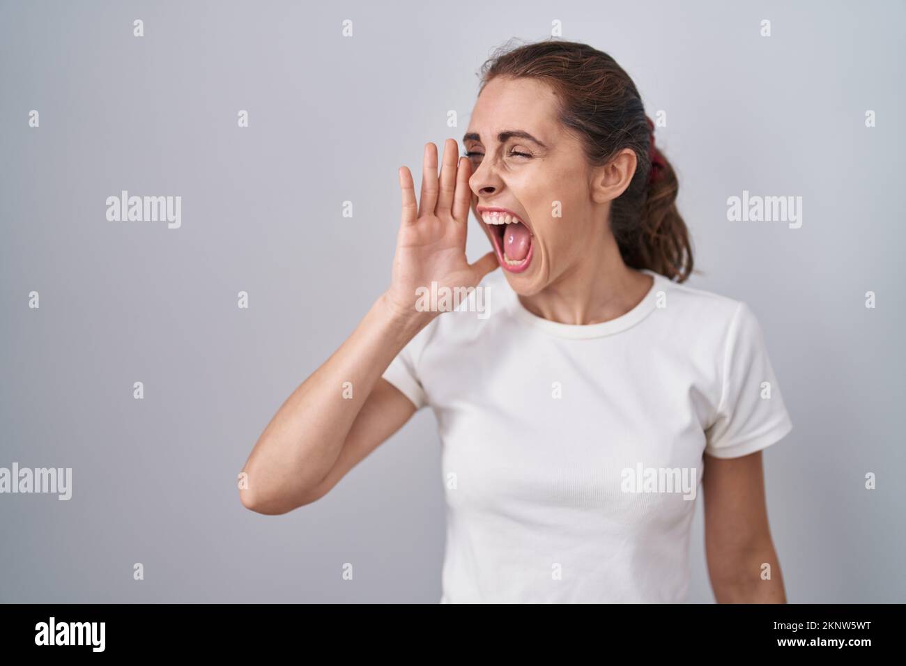Beautiful brunette woman standing over isolated background shouting and ...
