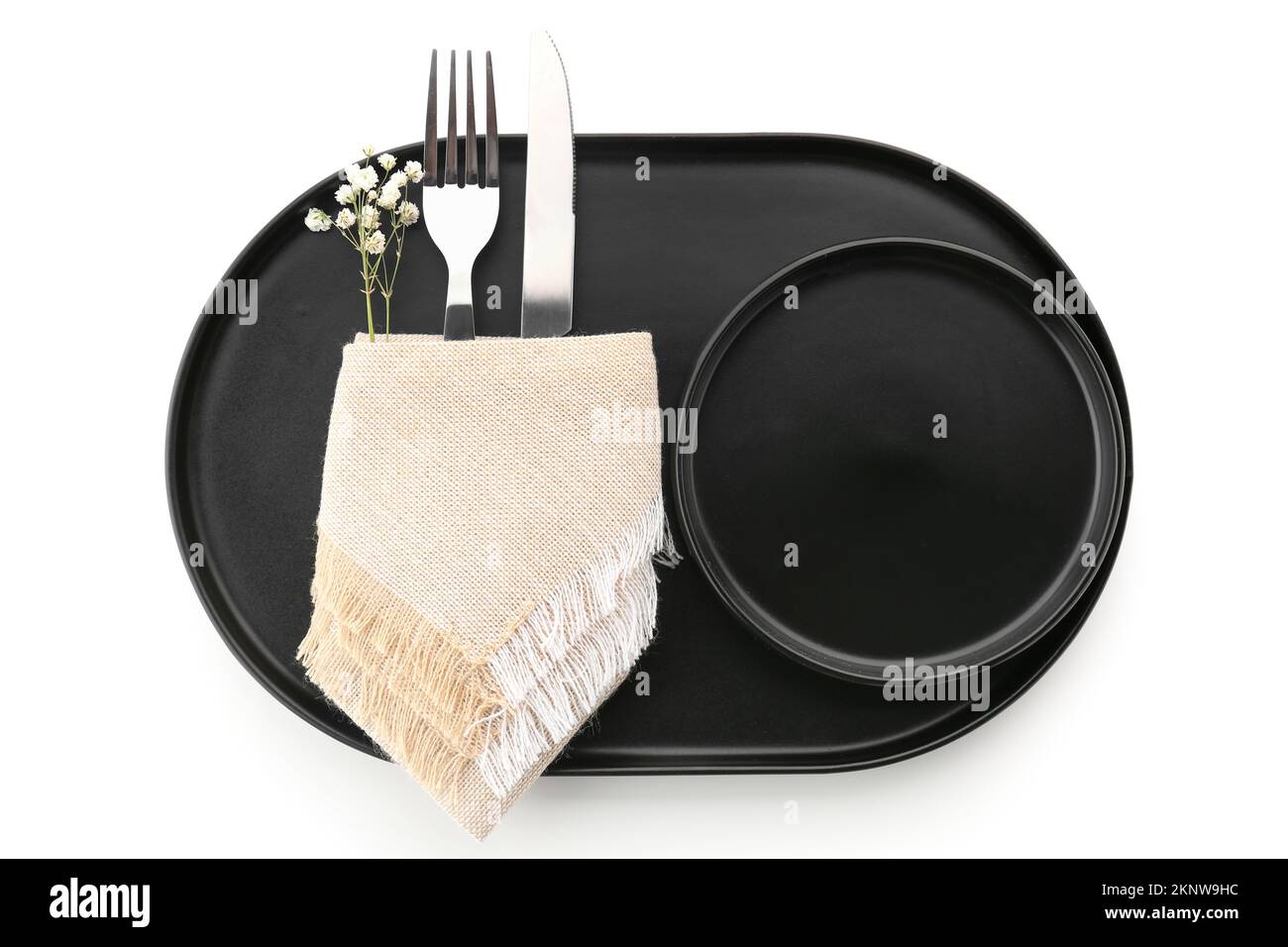 Stylish table setting with black plates on white background Stock Photo ...