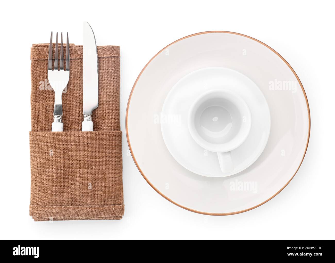 Stylish table setting with cup isolated on white background Stock Photo ...