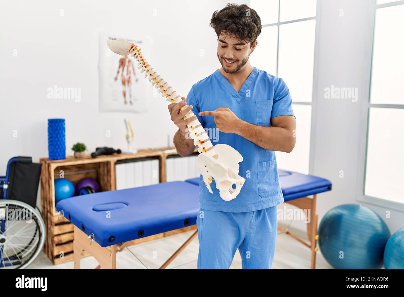 Young hispanic man wearing physio therapist uniform holding anatomical ...