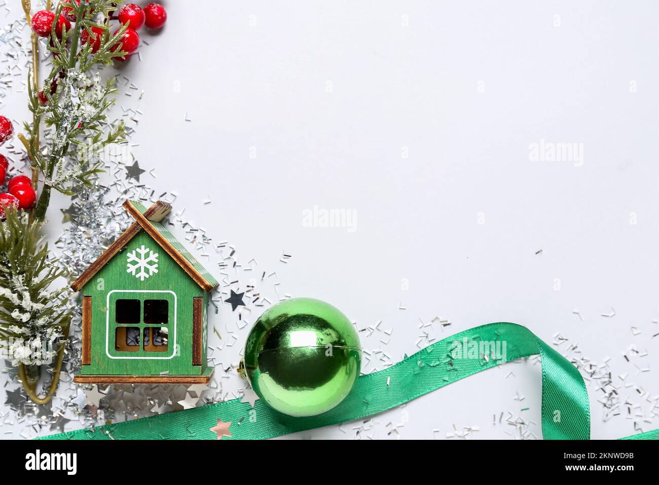 Composition with beautiful Christmas decorations and sequins on light ...