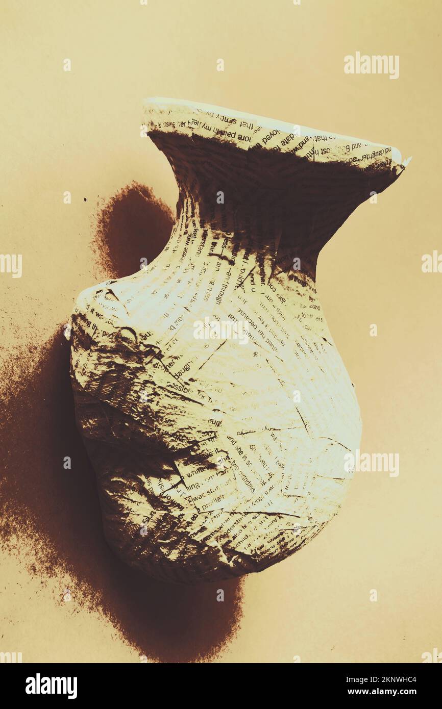 Vintage fine art scene on a fallen sculpture covered in distorted text ...