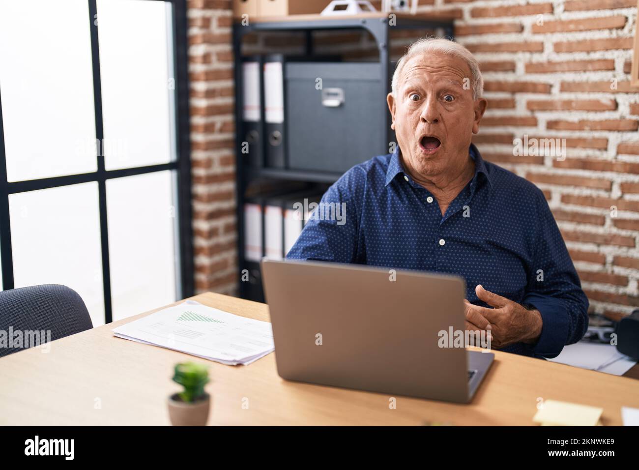 Senior man with grey hair working using computer laptop at the office ...