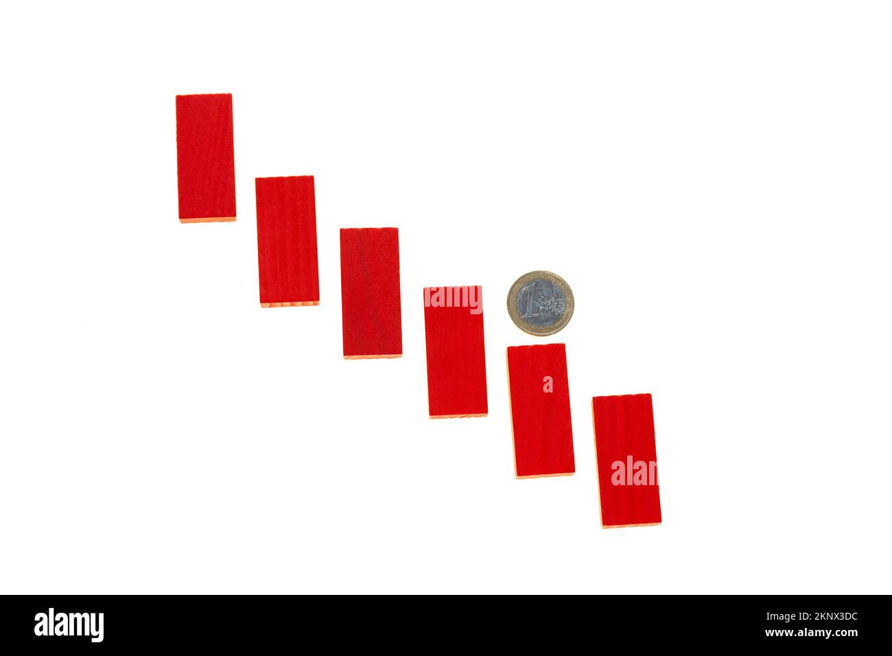 Falling euro currency.Euro inflation. One euro coin on a red step ...