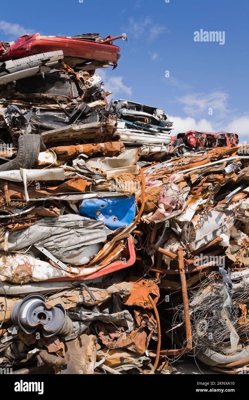 Stacked and crushed automobiles at scrap metal recycling yard Stock ...