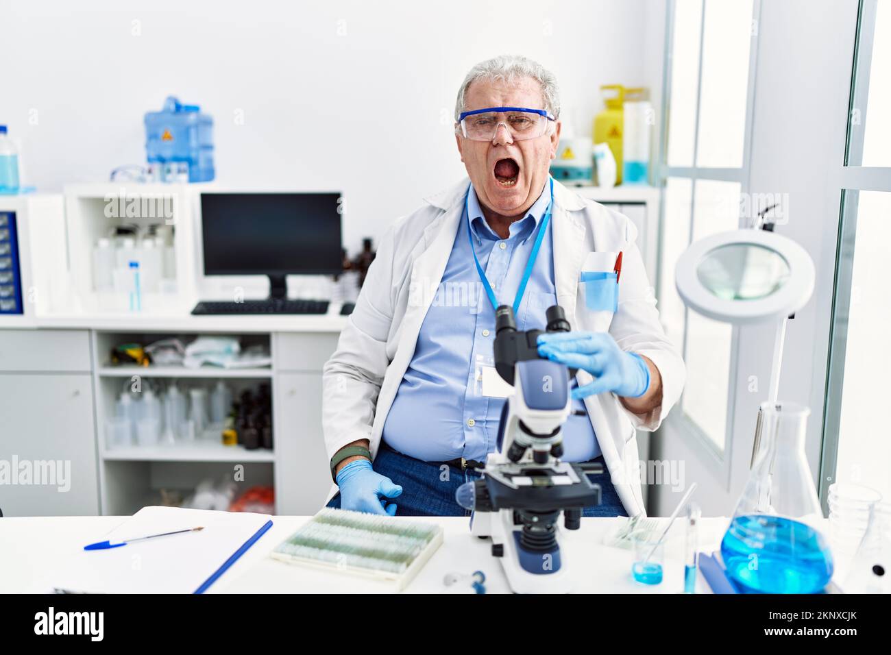 Senior caucasian man working at scientist laboratory angry and mad ...