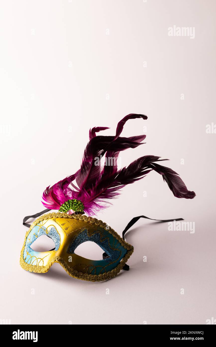 Composition of colourful mardi gras carnival mask with feathers on ...