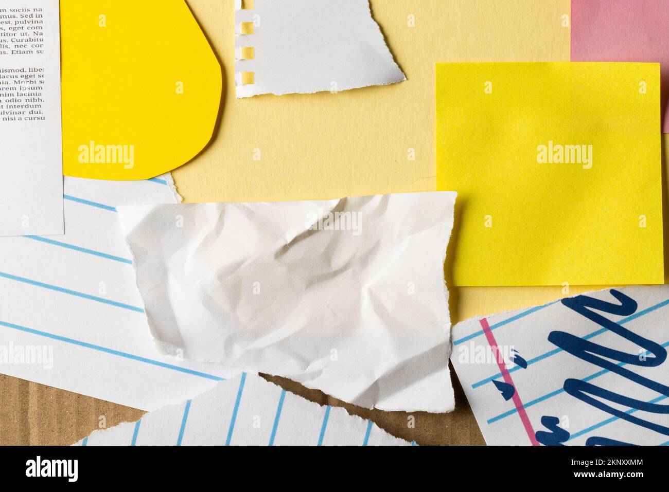 Ripped up pieces of notebooks, newspaper and coloured paper with ...