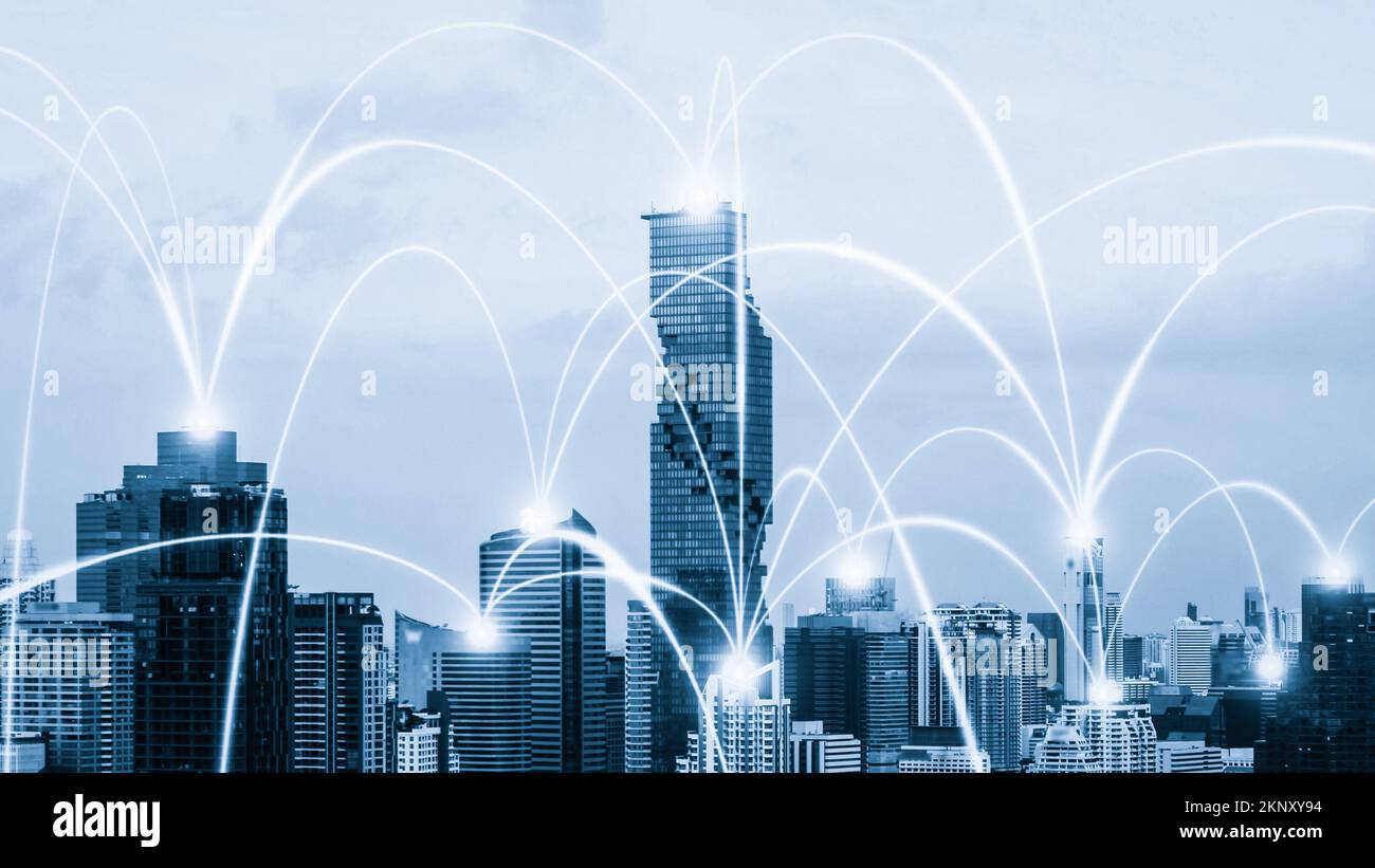 Smart digital city with connection network reciprocity over the cityscape . Concept of future ...