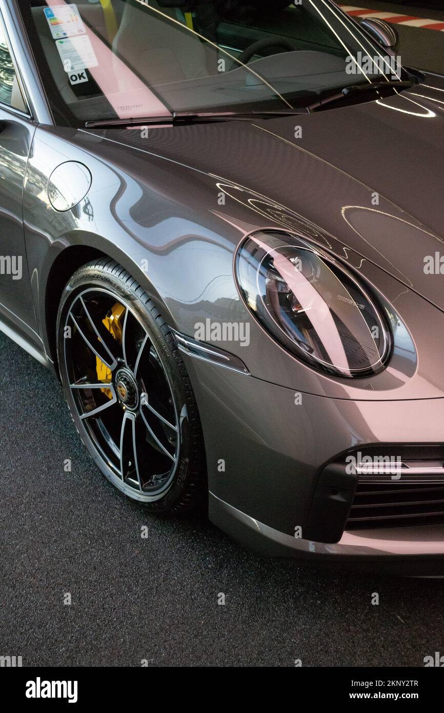A vertical shot of the front end of a gray Porsche 911 Turbo Stock ...