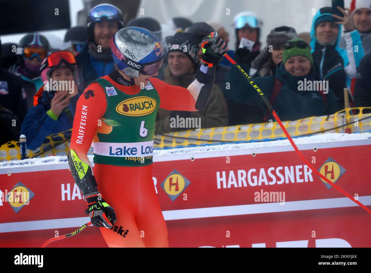 Switzerland's Marco Odermatt reacts in the finish area following his ...