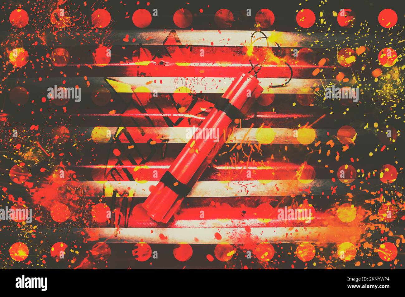 Pop art style explosion on a stick of explosives with lit fuse ready to ...