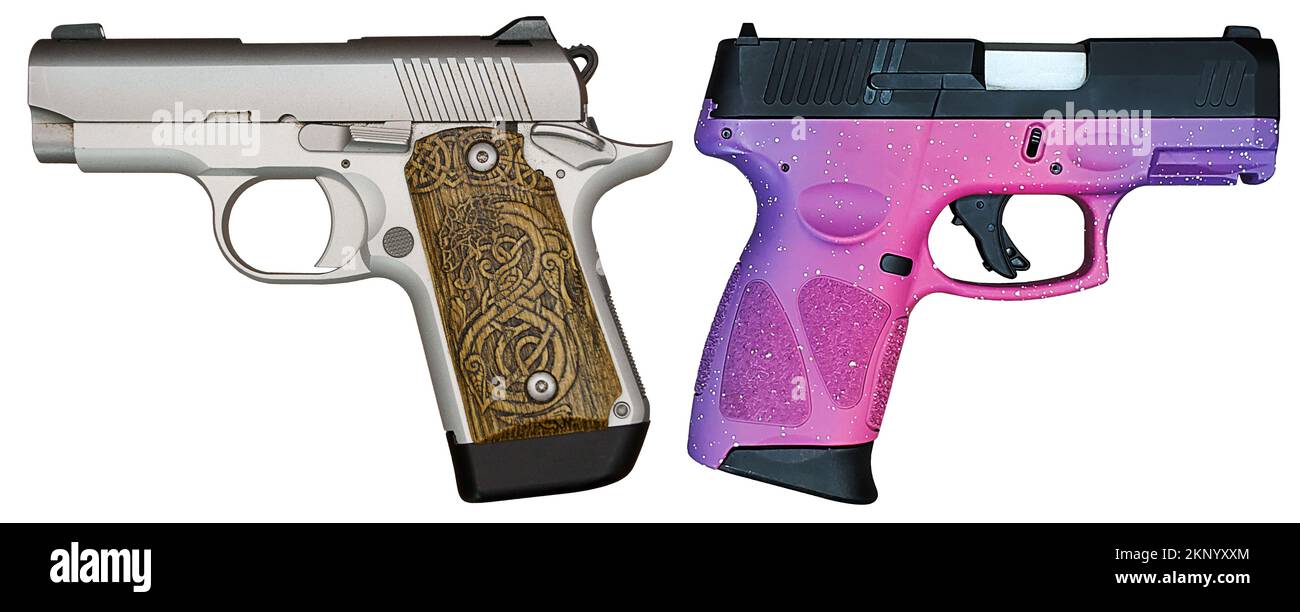 Purple metal gun and silver engraved gun Stock Photo - Alamy