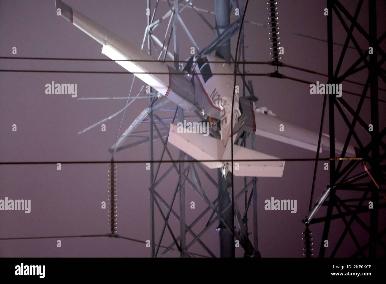 Gaithersburg, MD, USA. 27th Nov, 2022. View of a crashed small plane trapped 100 feet above ...