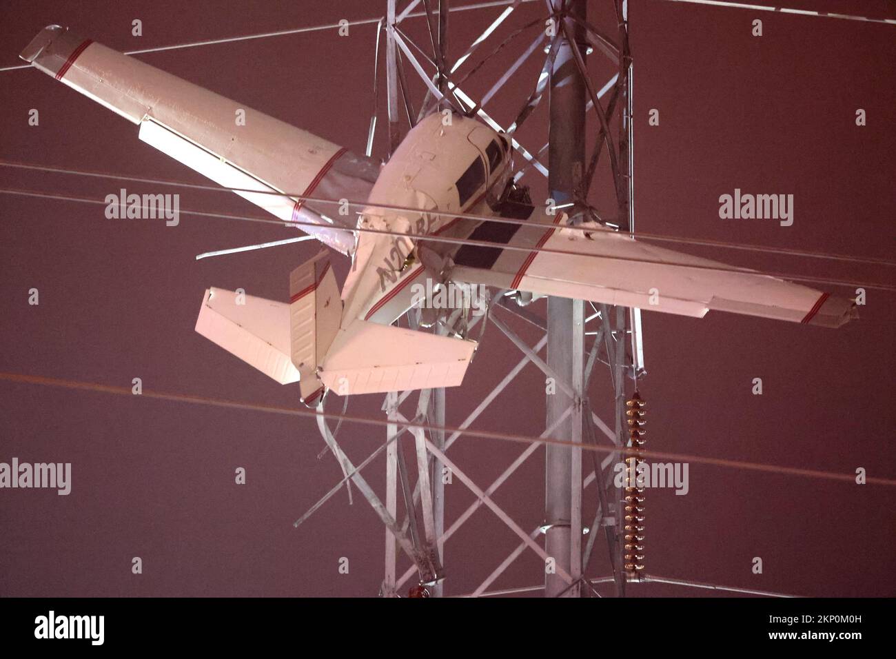 Gaithersburg, MD, USA. 27th Nov, 2022. View of a crashed small plane trapped 100 feet above ...