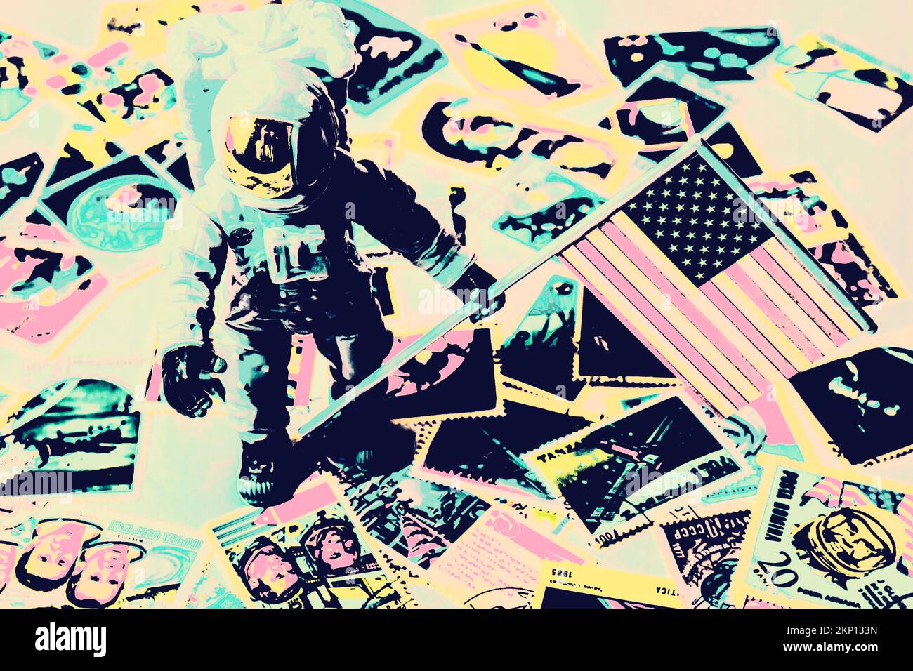 Retro sixties pop art on a spaceman walking the walk on a stamped moon ...