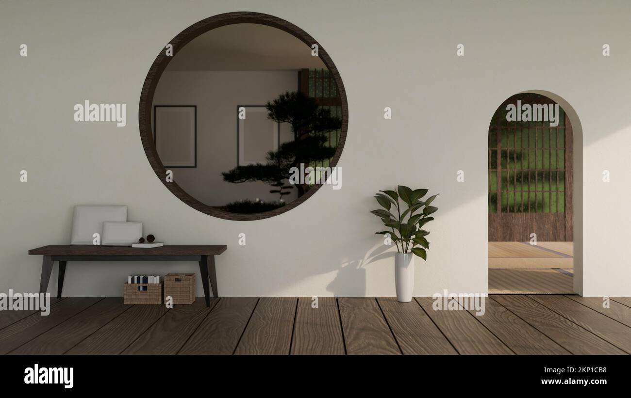 Minimal cozy indoor relaxation area with wood bench, houseplant, wooden ...