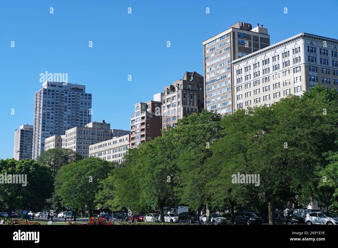 Chicago, row of apartment buildings beside Lincoln Park, a desirable ...