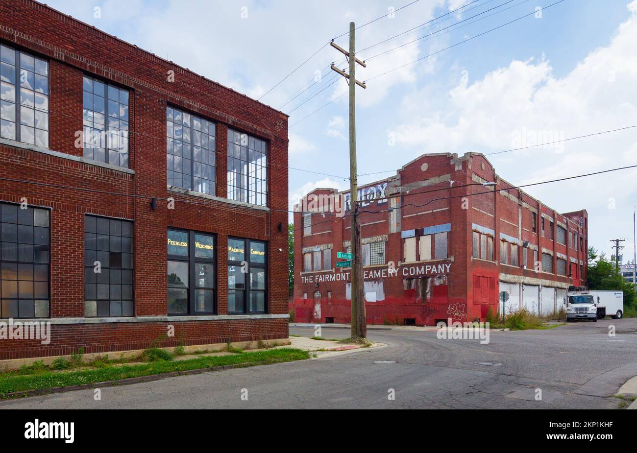 Historic factory and office buildings in Michigan at the corner of ...